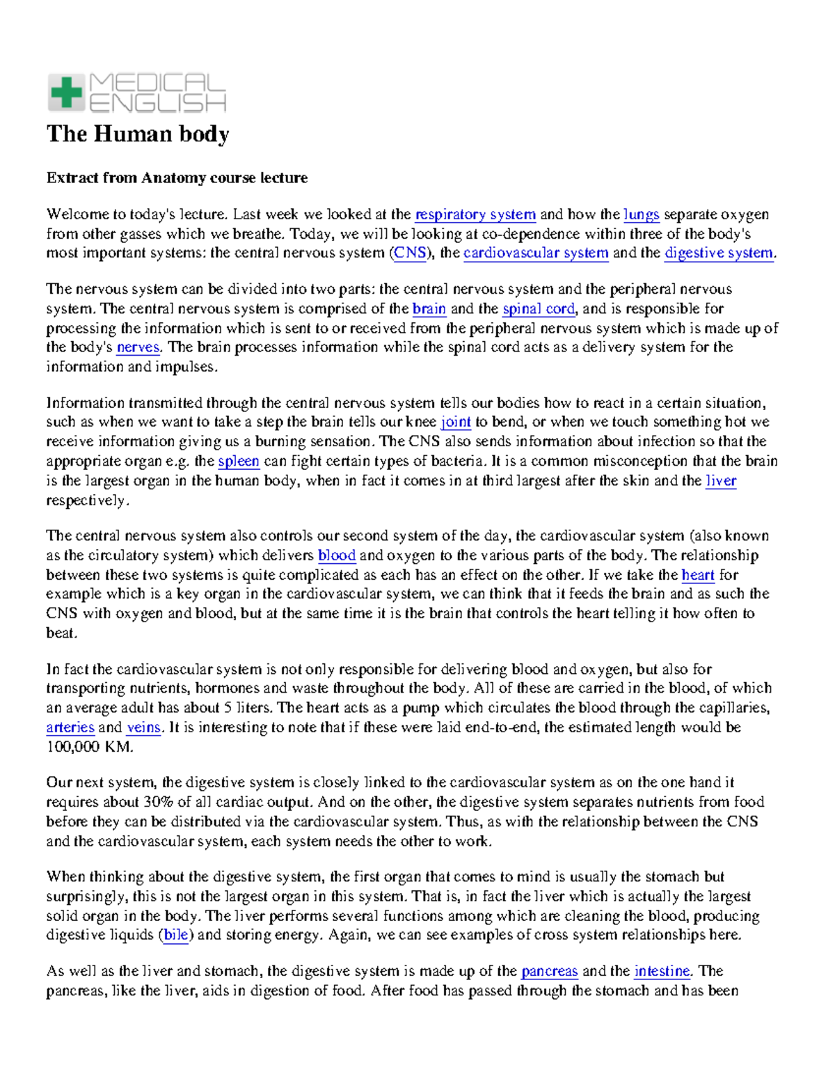 Unit The Human body Reading - The Human body Extract from Anatomy ...