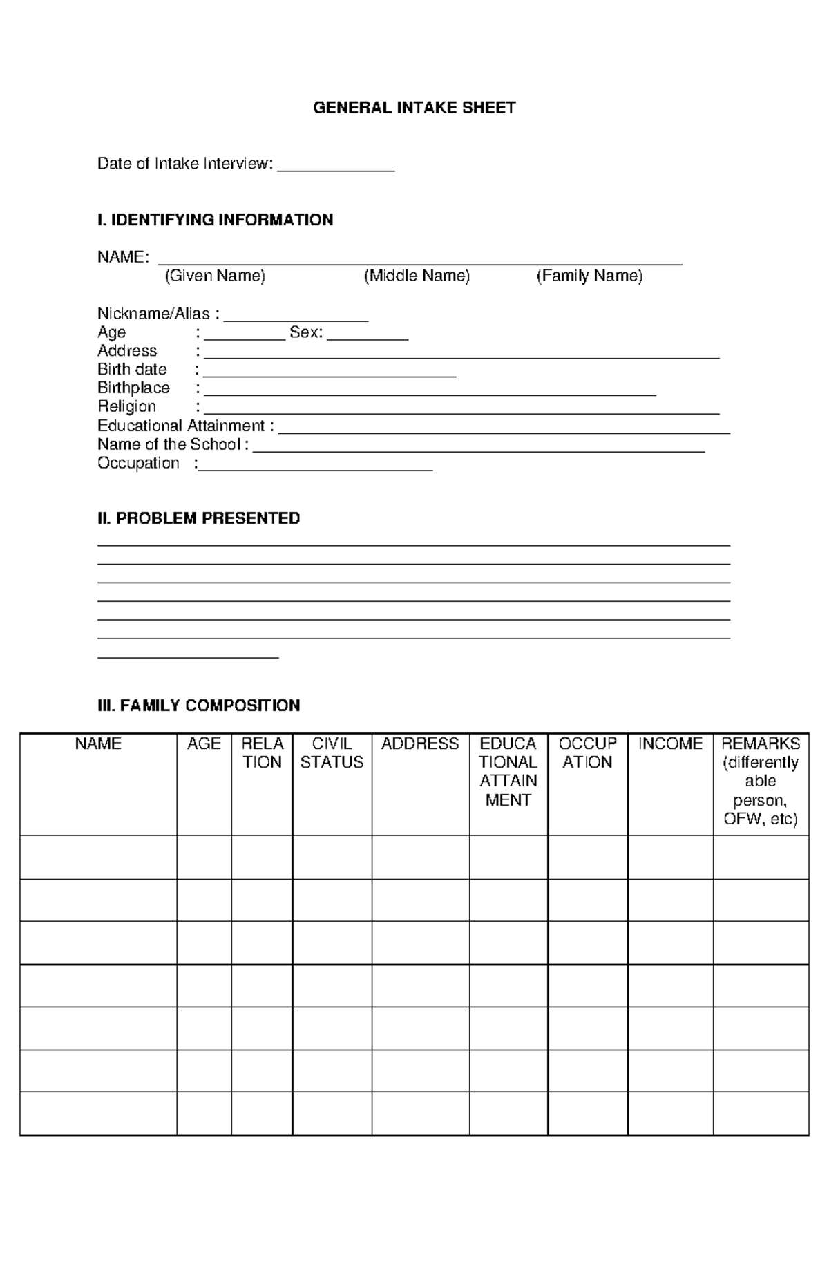 General Intake Sheet - GENERAL INTAKE SHEET Date of Intake Interview ...