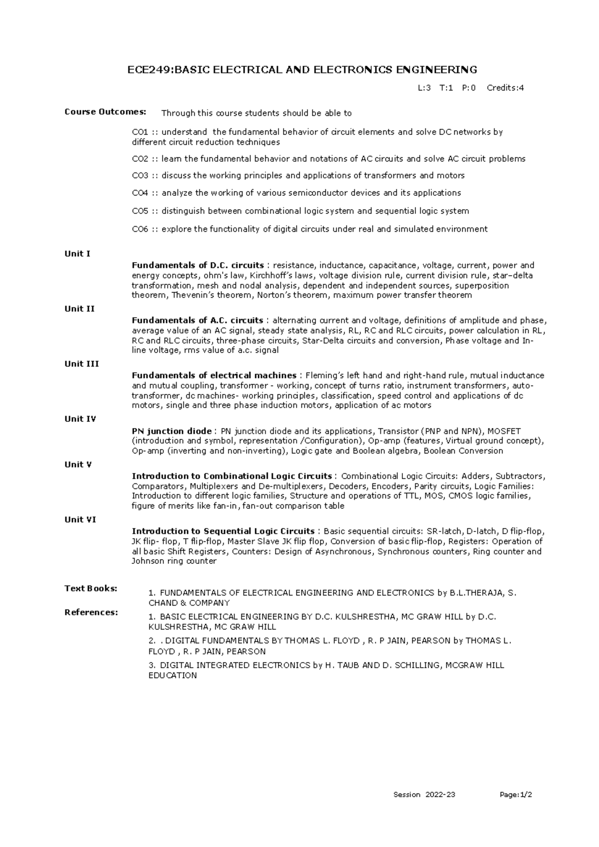 ECE249 Syllabus - ECE249:BASIC ELECTRICAL AND ELECTRONICS ENGINEERING Course Outcomes: CO1 ...