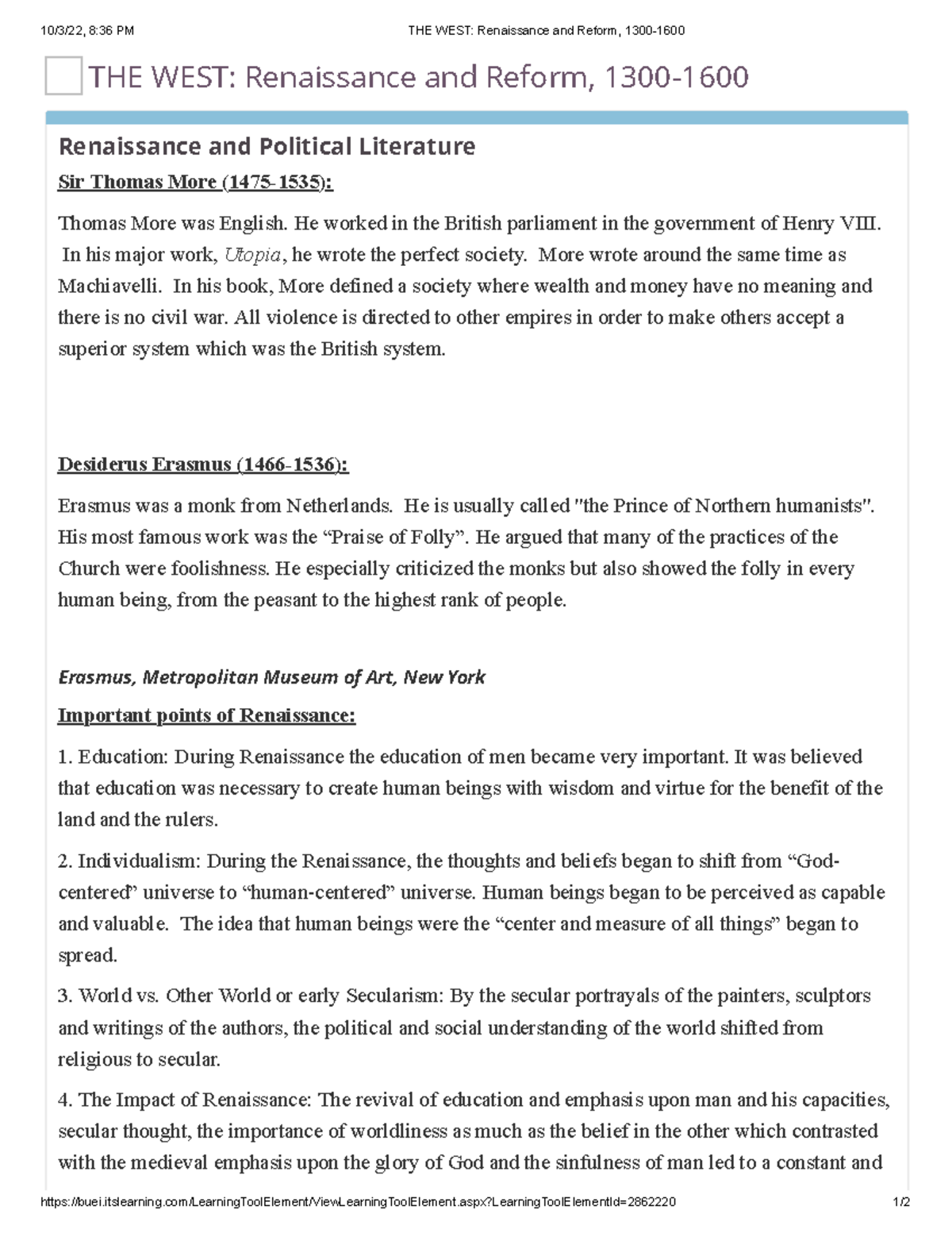 THE WEST Renaissance and Reform, 1300-1600 - 10/3/22, 8:36 PM THE WEST ...