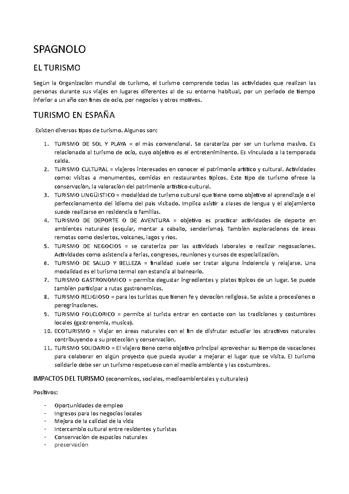 TURISMO EN ESPANA - SPAGNOLO EL TURISMO Segùn la Organizaciòn mundial ...