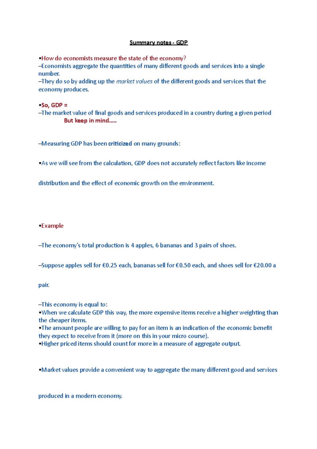 Summary Notes - GDP - Summary notes - GDP –How do economists measure ...