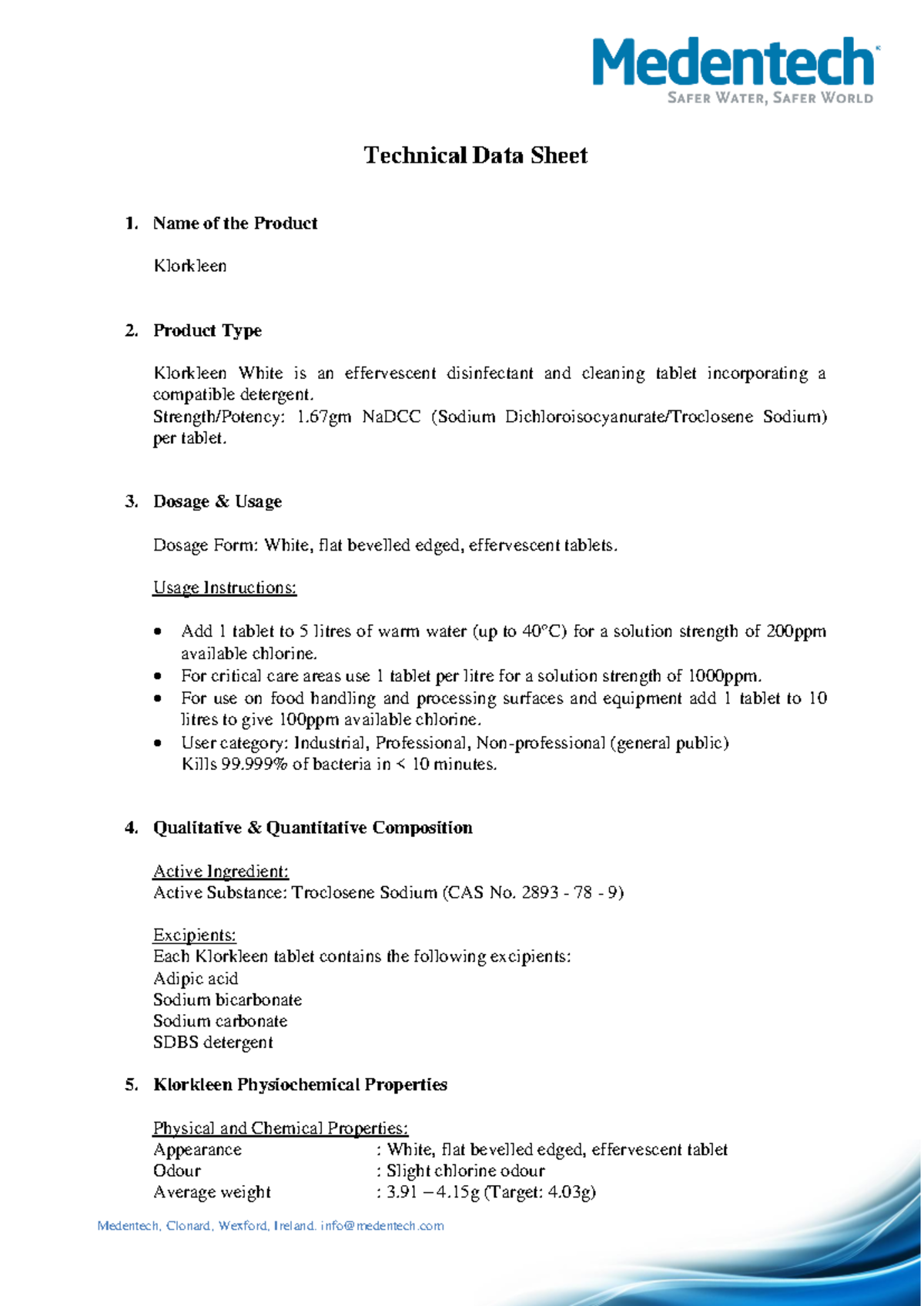 Informacion tecnica - Klorkleen - Medentech, Clonard, Wexford, Ireland ...