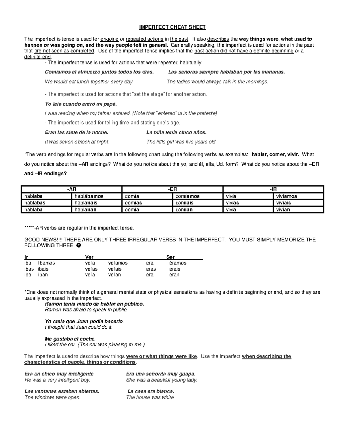 Imperfect Summary - provides examples of ar, ir and er endings ...