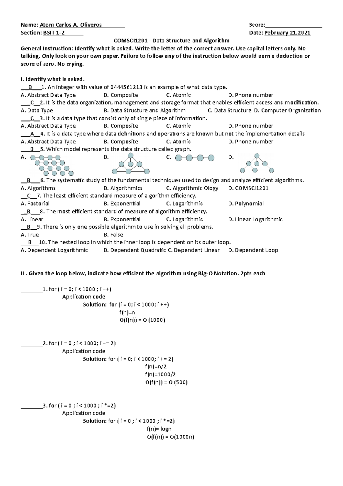 Comsci 1201Oliveros Chapter 1Quiz - Name: Atom Carlos A. Oliveros Score ...