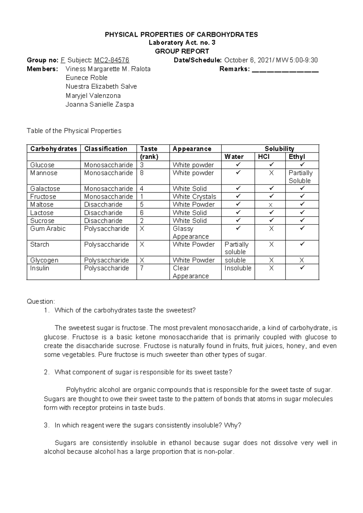 Group F-Lab Activity 3 Physical Properties of Carbohydrates - PHYSICAL ...