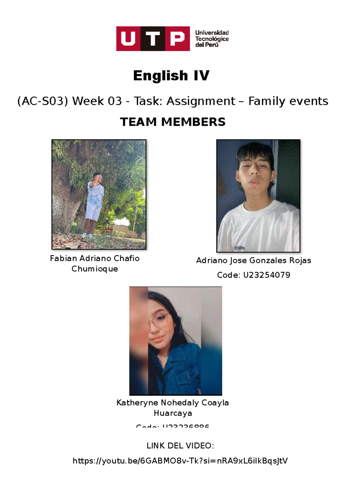 Week 03 - Task Assignment - Family events - Ingles IV - English IV Adriano Jose Gonzales Rojas ...