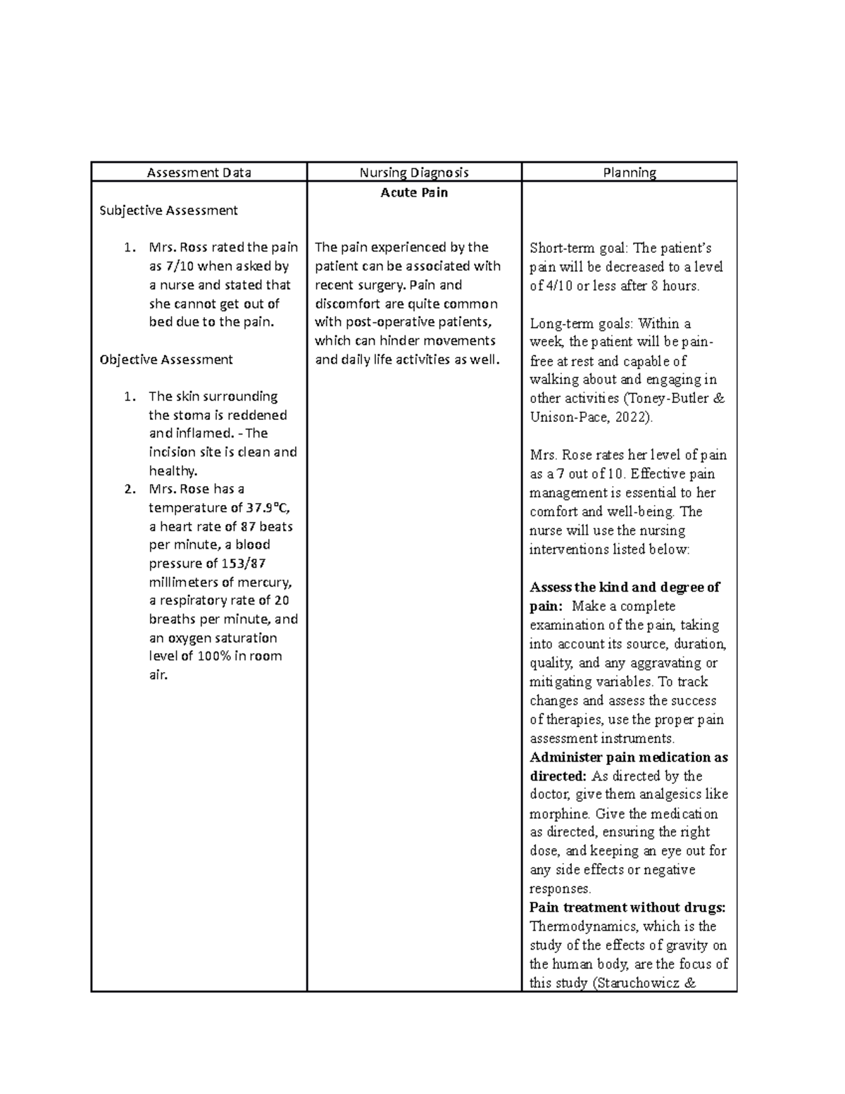 Half assignment - Assessment Data Nursing Diagnosis Planning Subjective Assessment Mrs. Ross ...