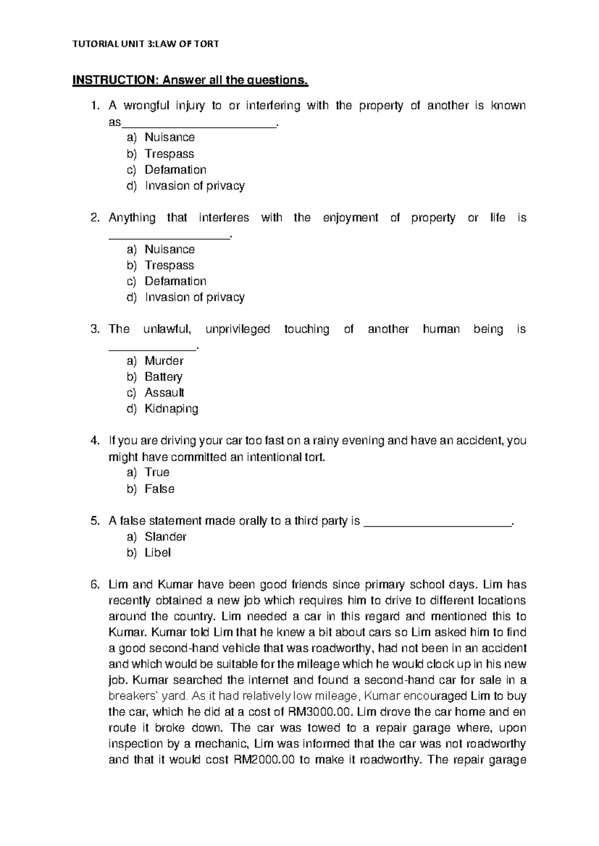 Tutorial Unit 3 Law of Tort - Negligence - TUTORIAL UNIT 3:LAW OF TORT ...