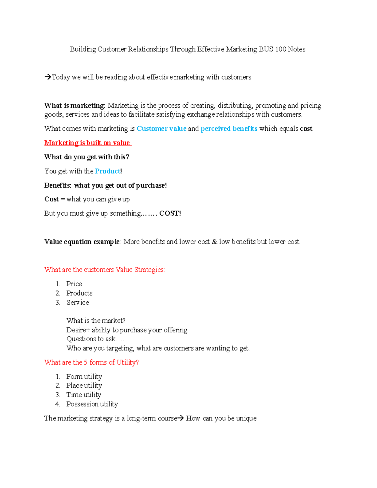 BUS 100 notes - 1 business 3 test - Building Customer Relationships ...
