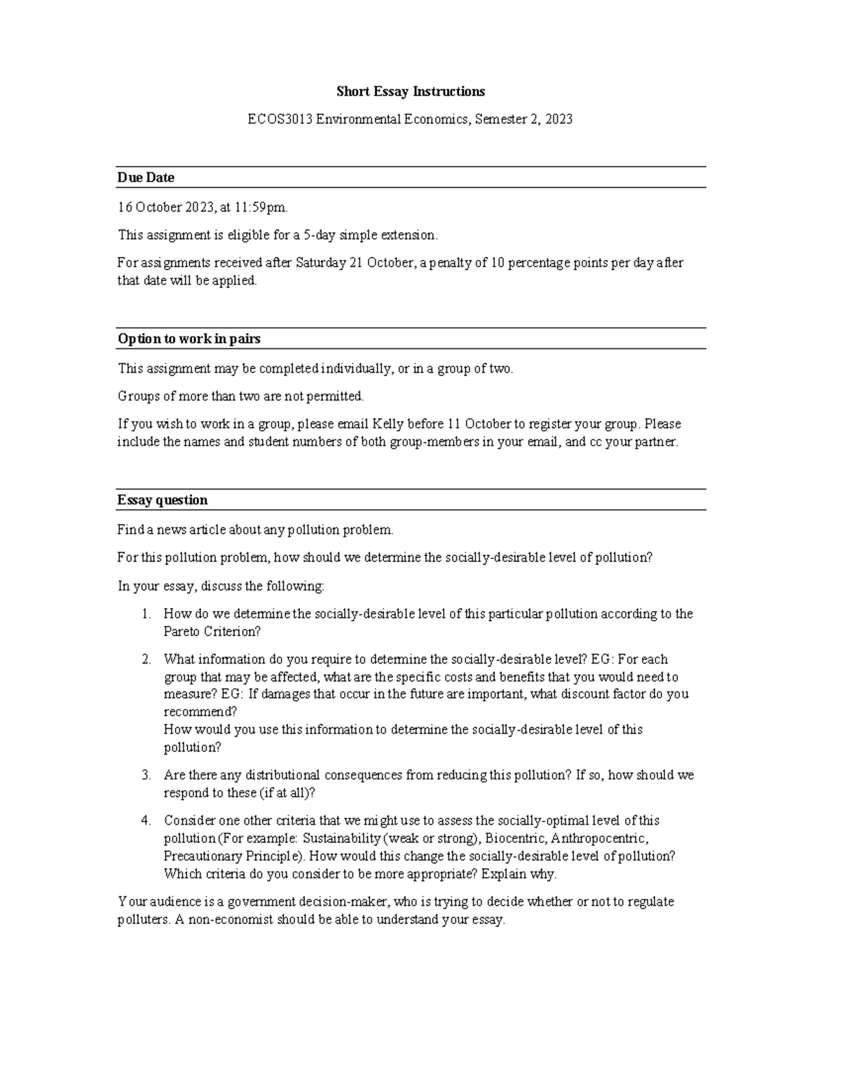 Essay Instructions 2023 - Short Essay Instructions ECOS3013 ...