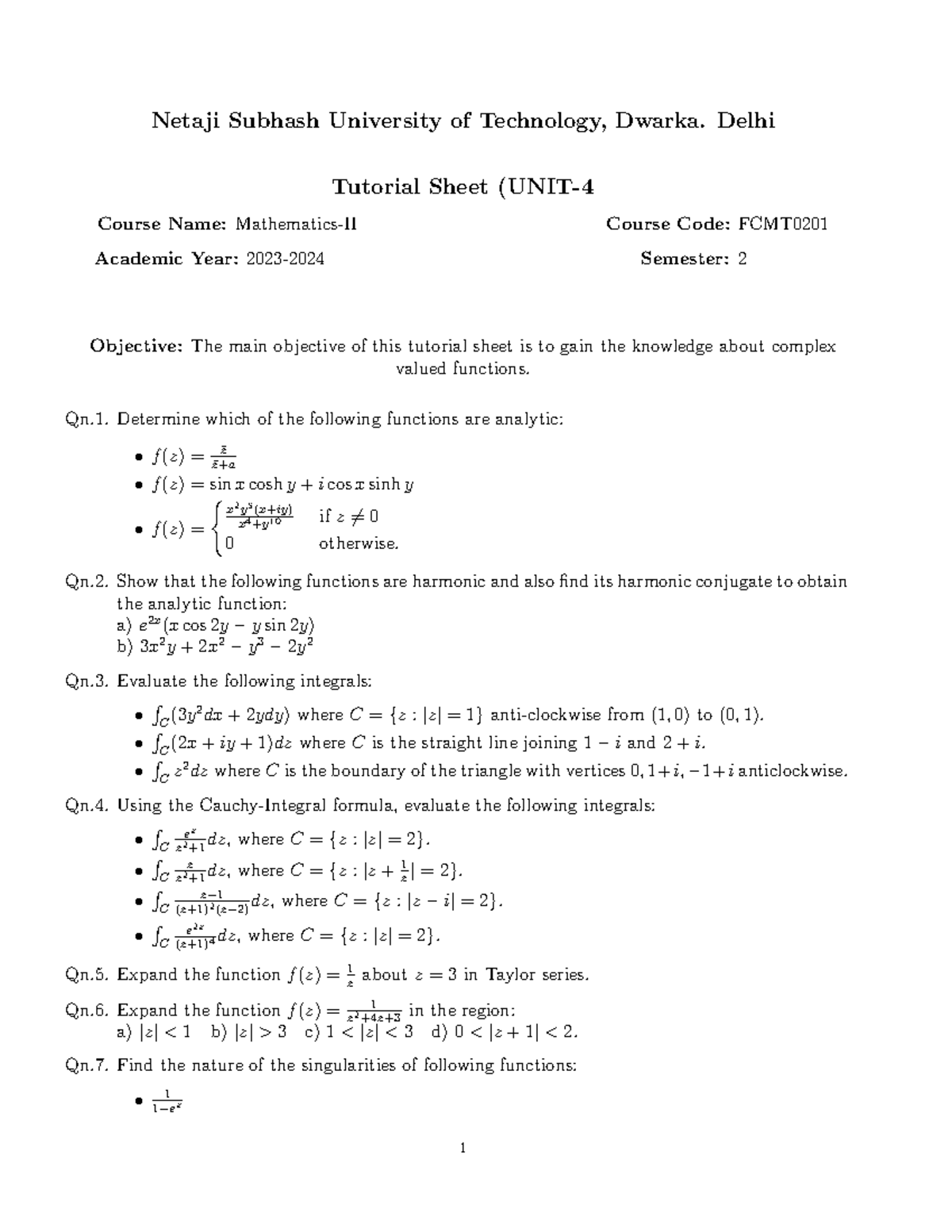 Tutesheet For Maths Complex Variable Functions Netaji Subhash