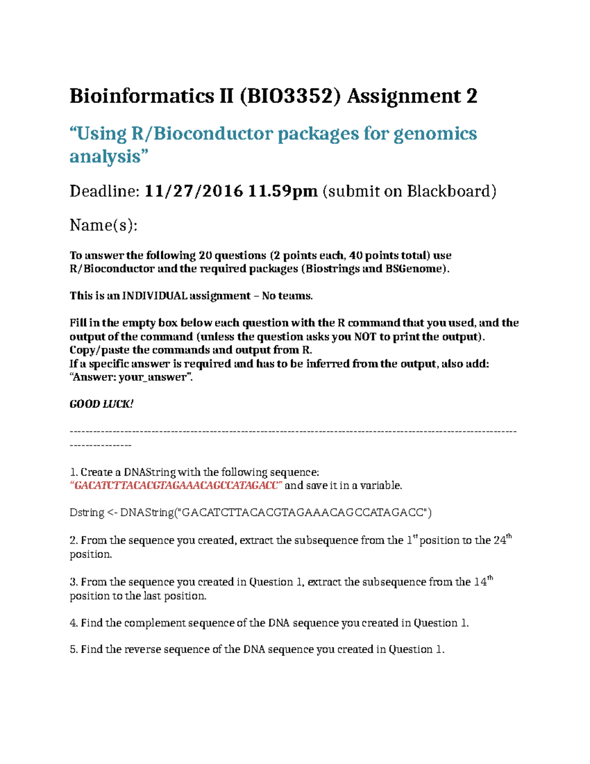 Bioinformatics Ii Prof G Bioinformatics Ii Bio3352 Assignment 2 Using Rbioconductor