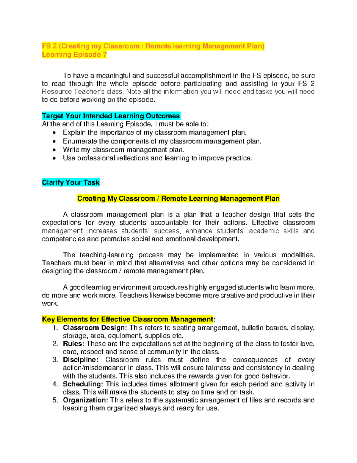 FS2-EP - FIELD STUDY - FS 2 (Creating my Classroom / Remote learning ...