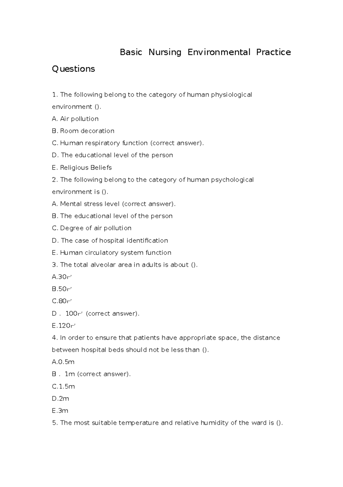 Basic Nursing Environmental Practice Questions NRS110 - Basic Nursing ...