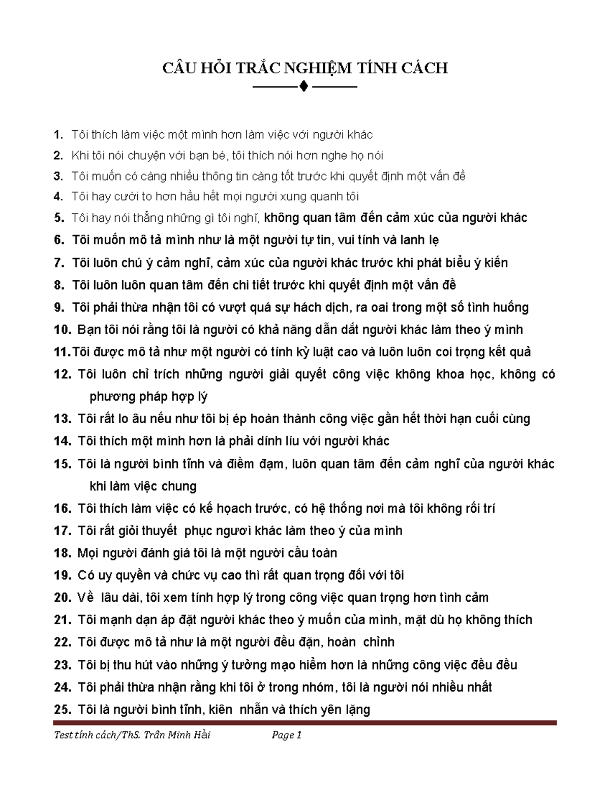 Cau hoi trac nghiem tinh cach - CÂU HỎI TRẮC NGHIỆM TÍNH CÁCH ...