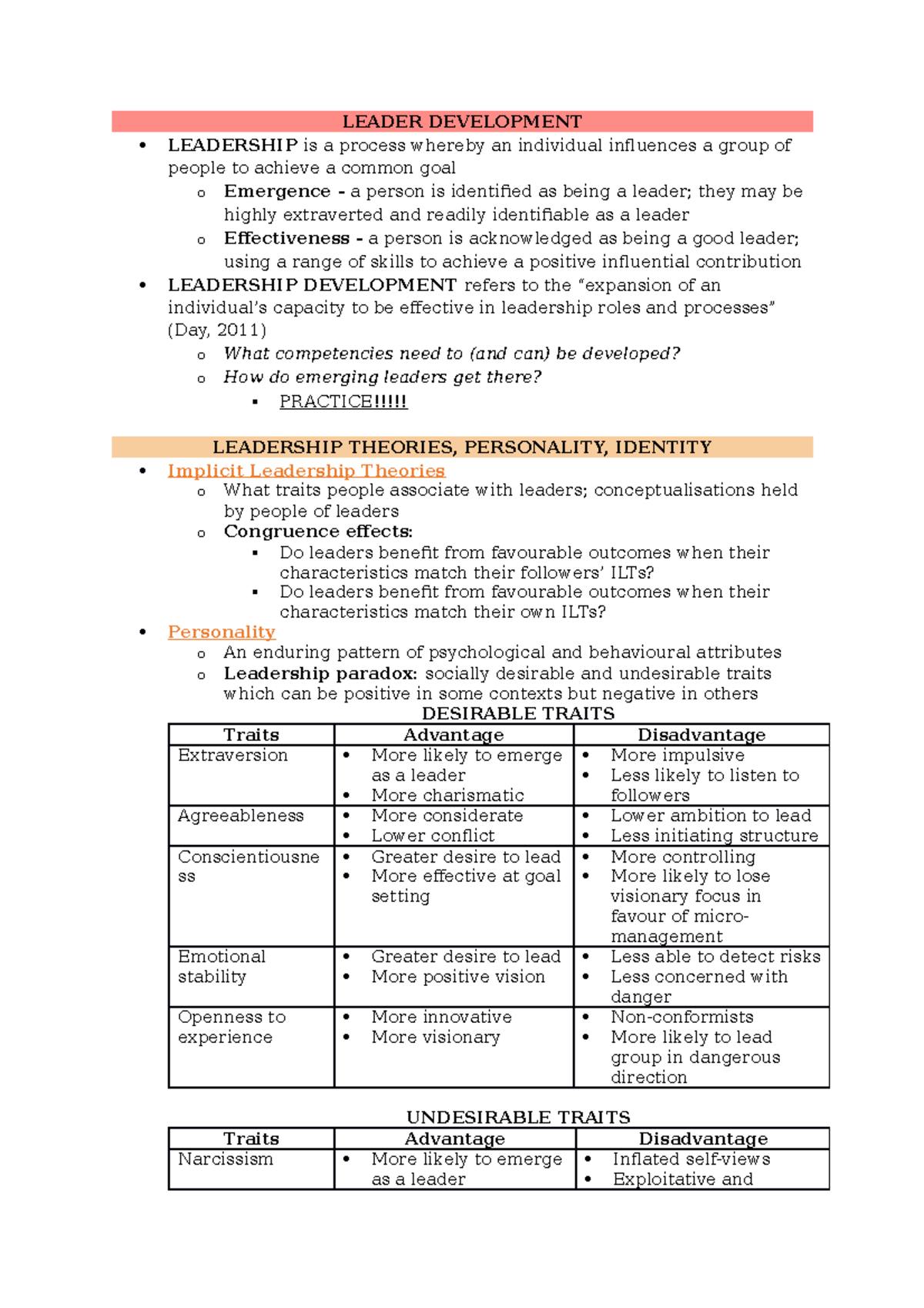 Exam notes - LEADER DEVELOPMENT LEADERSHIP is a process whereby an ...