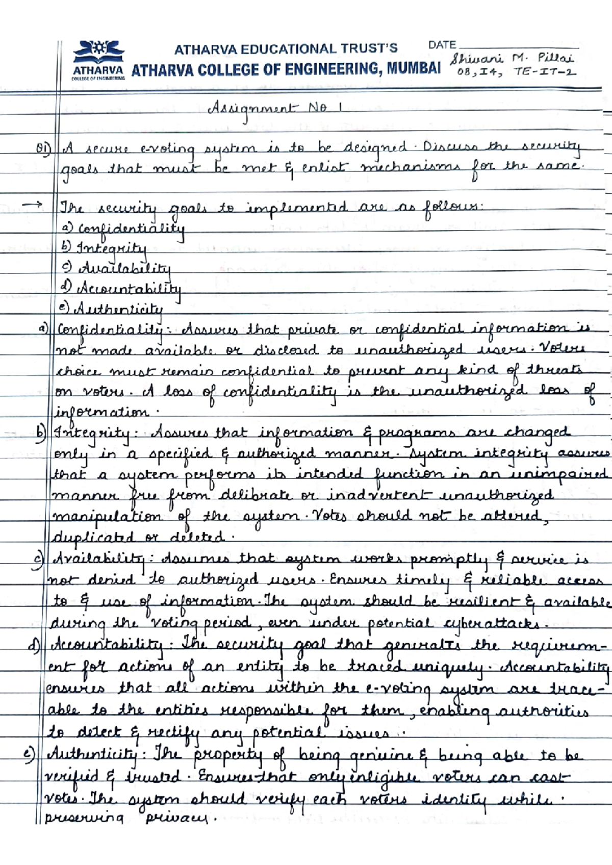 CNS Assignment 1 - ATHARVA EDUCATIONAL DATE Shivani M. Pillai ATHARVA ATHARVA COLLEGE OF - Studocu