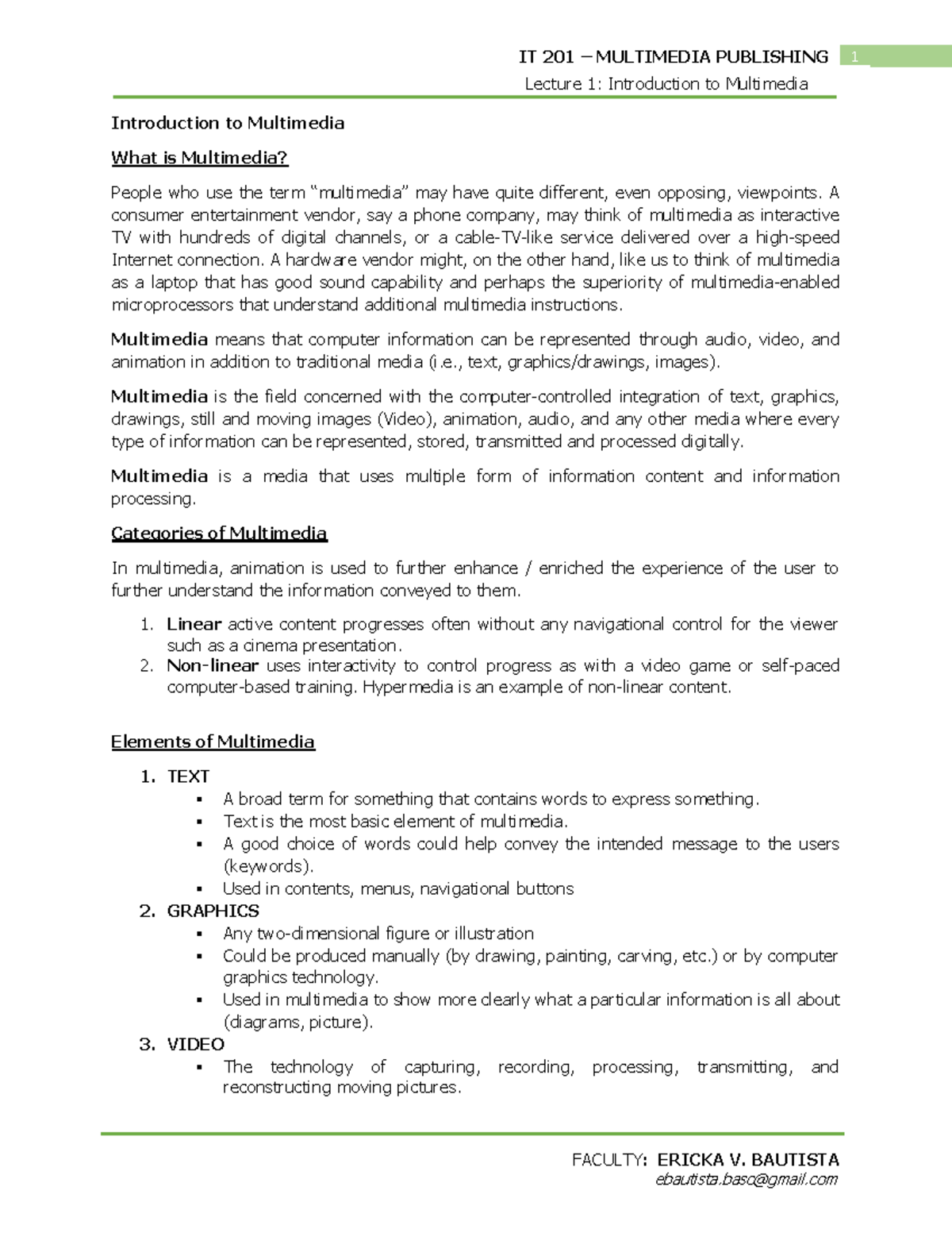 Introduction to Multimedia - FACULTY : ERICKA V. BAUTISTA Lecture 1 ...