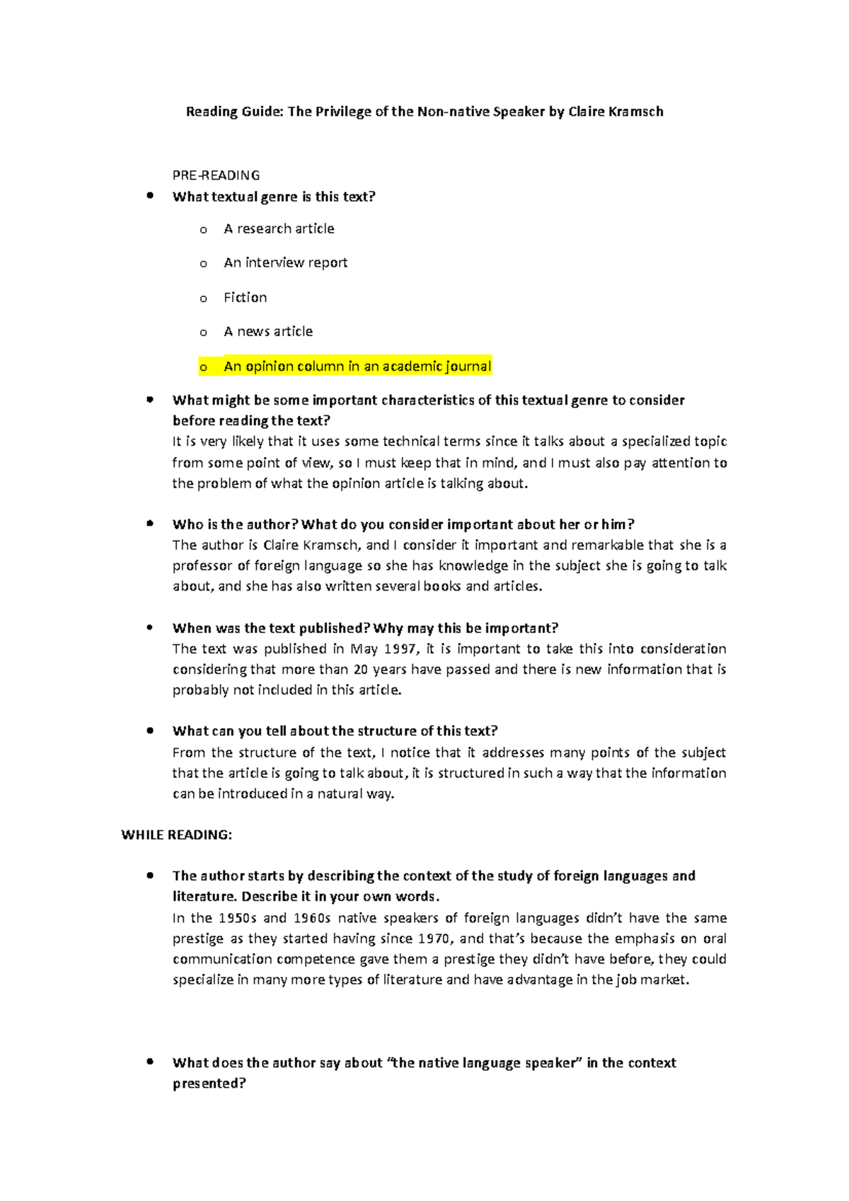 Kramsch Reading Guide - Reading Guide: The Privilege of the Non-native ...