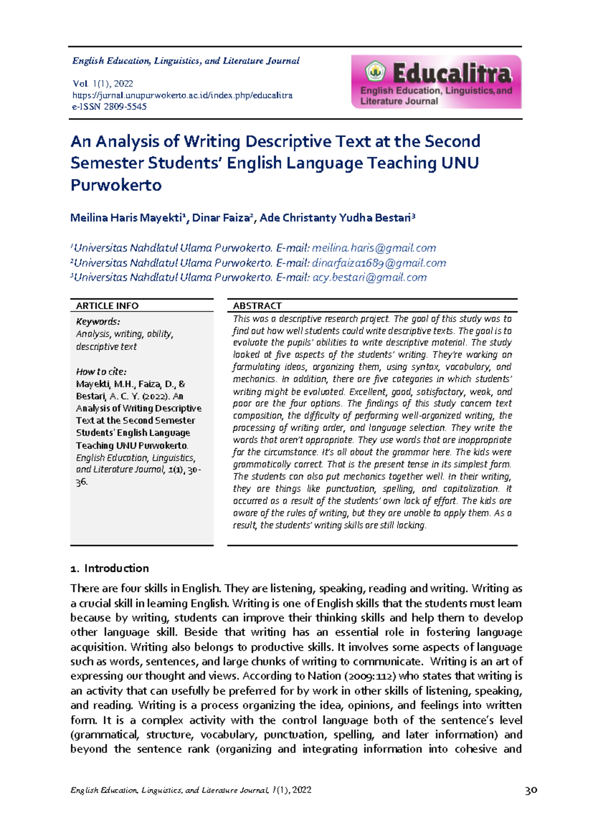 An Analysis of Writing Descriptive Text at the Second Semester Students ...