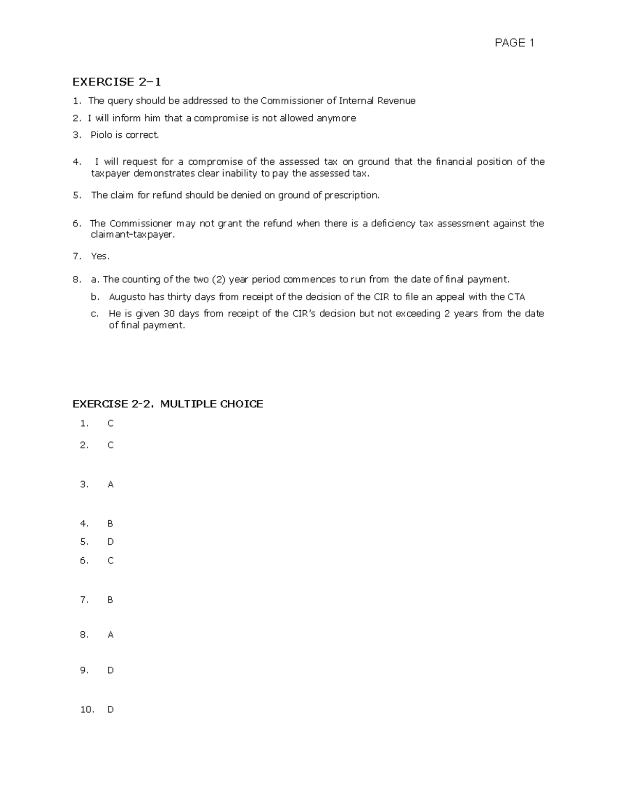 98340995 Answer Key Tax 501 by Ampongan - EXERCISE 2– 1. The query ...