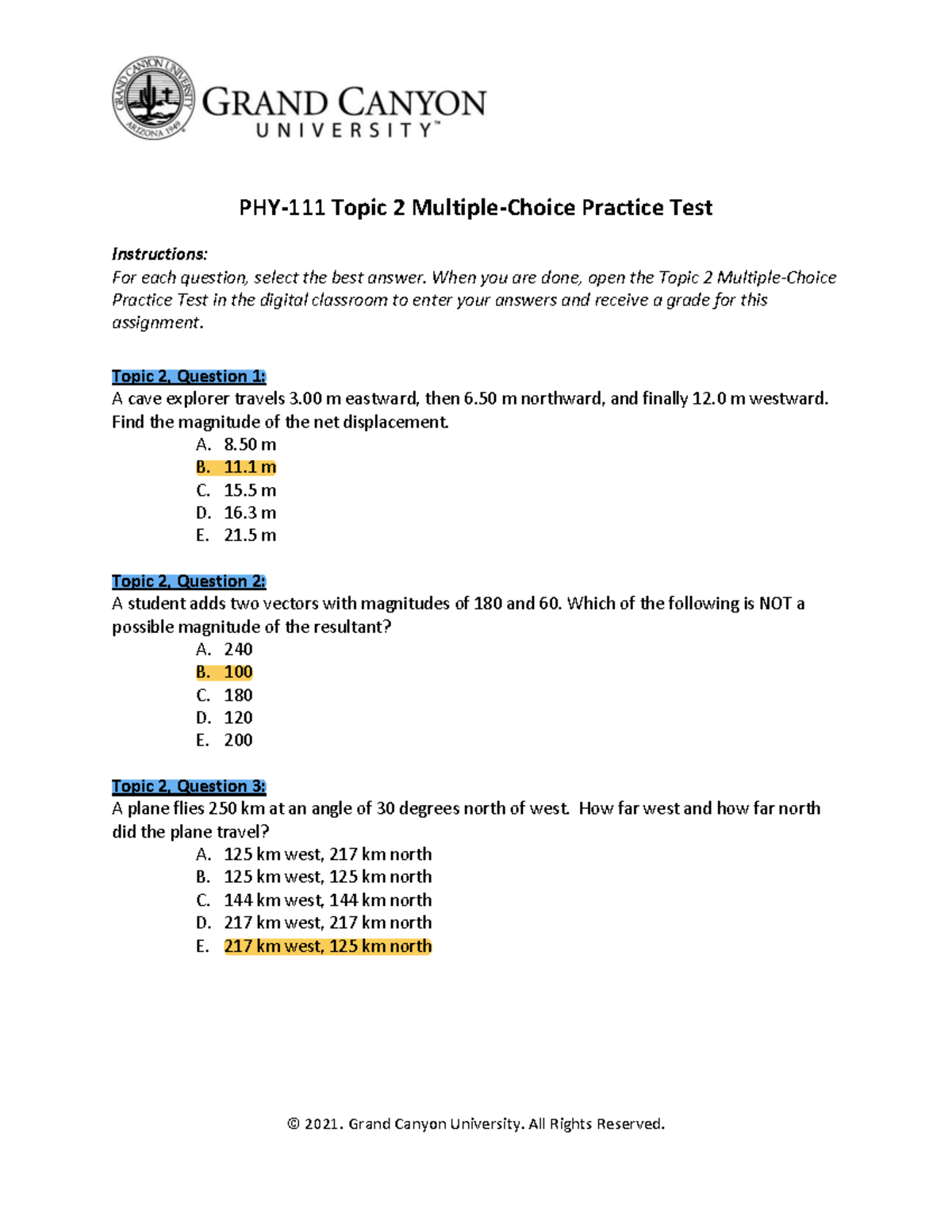 Topic 2 multiple choice quiz - © 20 21. Grand Canyon University. All ...