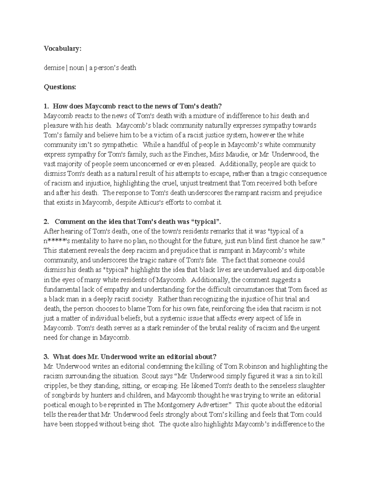 Chapter 25 Questions - To Kill A Mockingbird - Vocabulary: demise ...