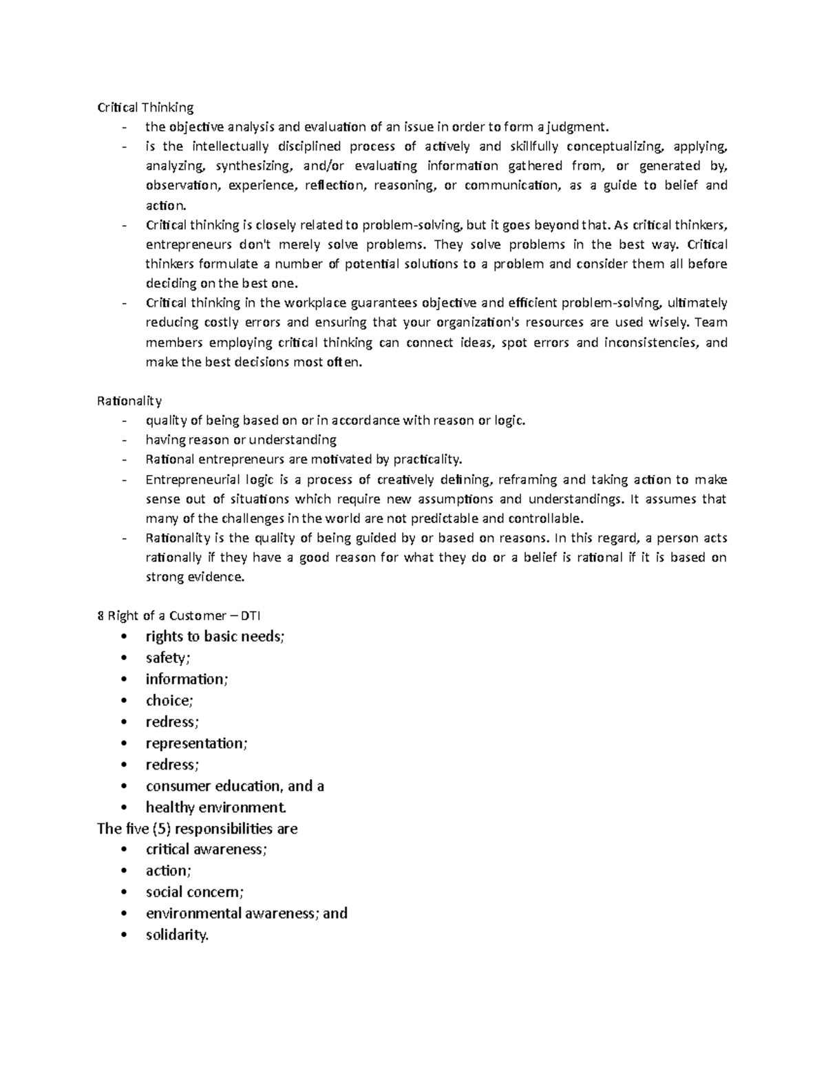 ENT A Notes - Critical Thinking - the objective analysis and evaluation ...