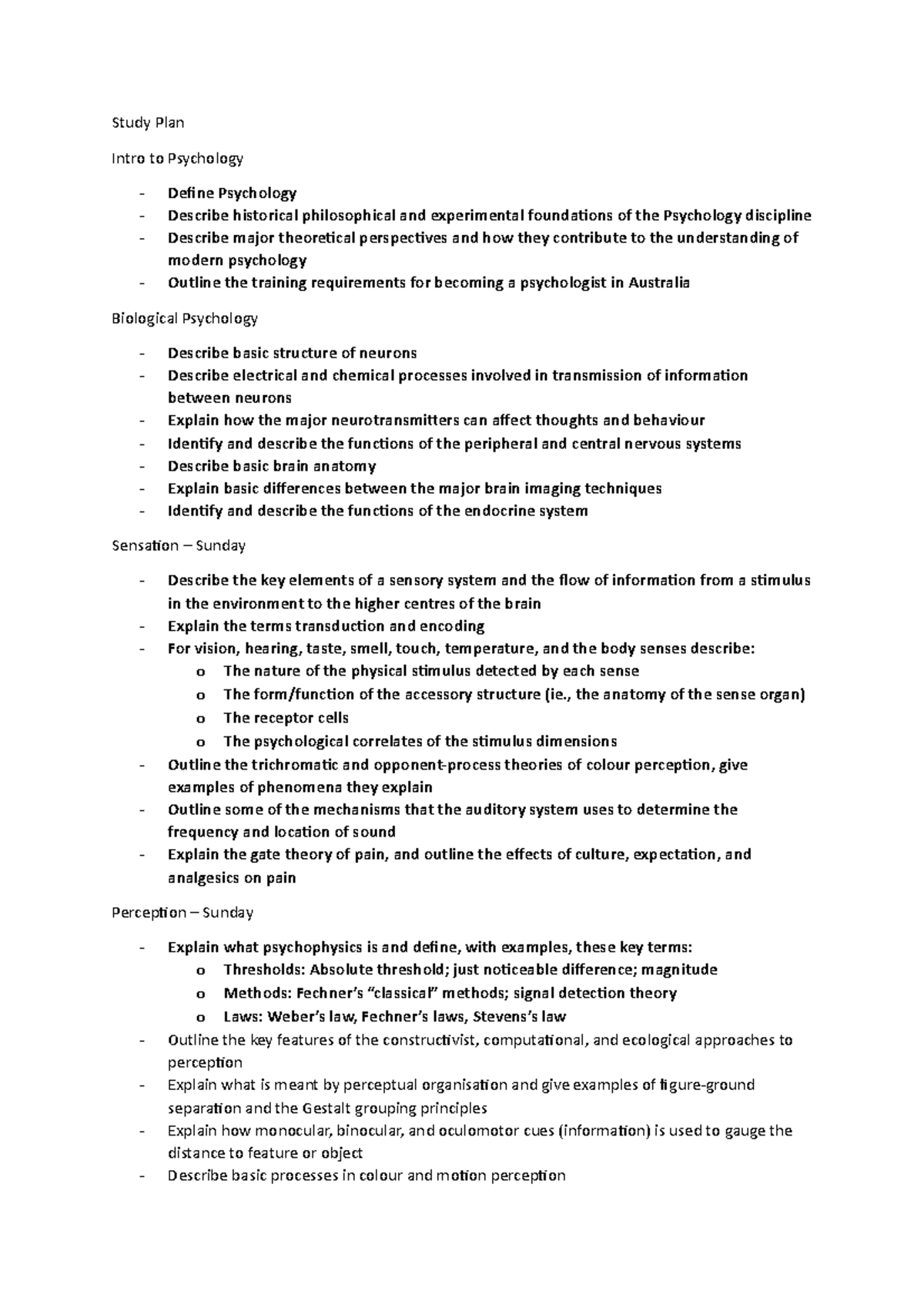 Study Topics - Notes for exam - Study Plan Intro to Psychology Define ...