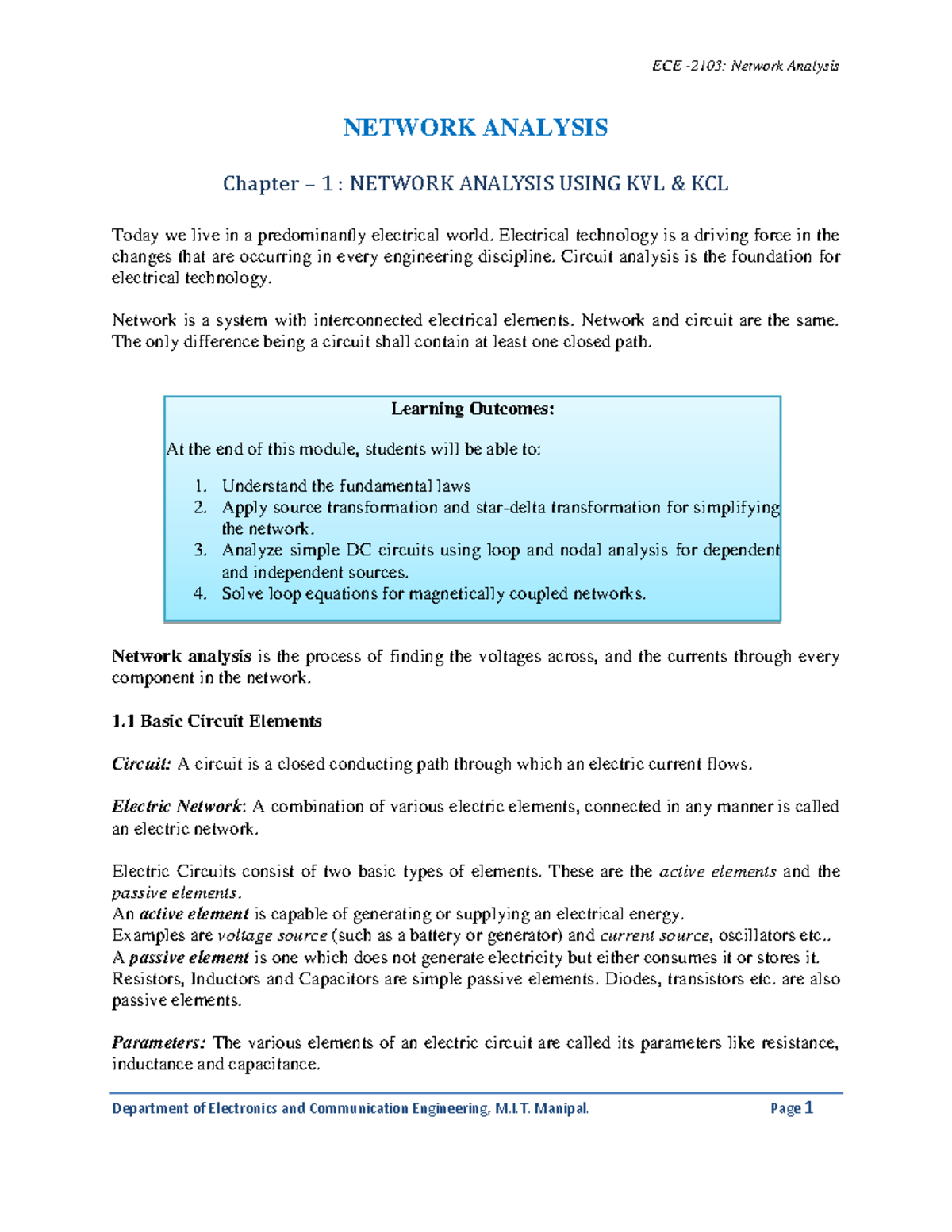 Network Analysis Chap.1 KVL & KCL - NETWORK ANALYSIS Chapter – 1 : NETWORK ANALYSIS USING KVL ...