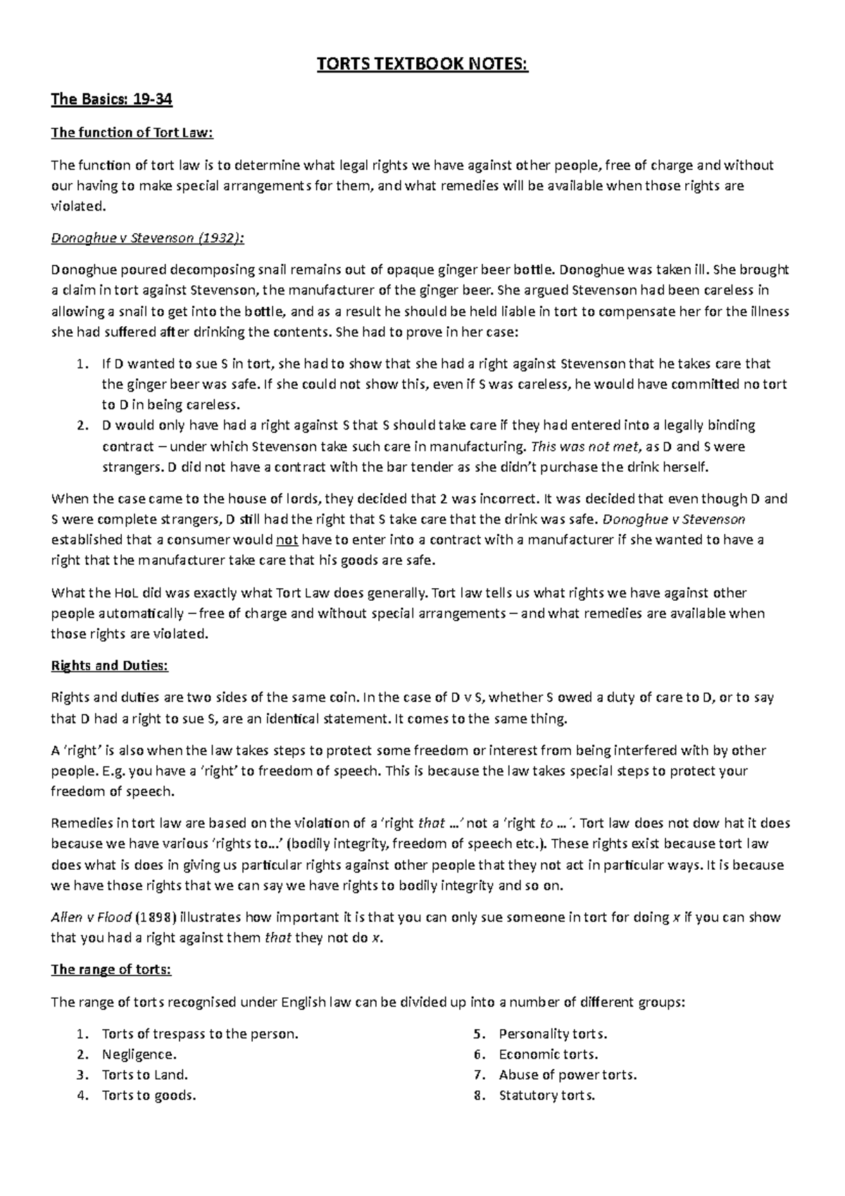 Torts Textbook Notes - Basics pg 1-34 - TORTS TEXTBOOK NOTES: The ...