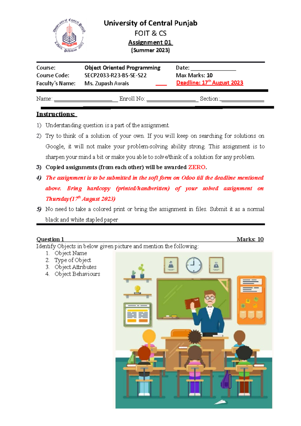 A01 - University of Central Punjab FOIT & CS Assignment 01 (Summer 2023) Course: Object Oriented ...