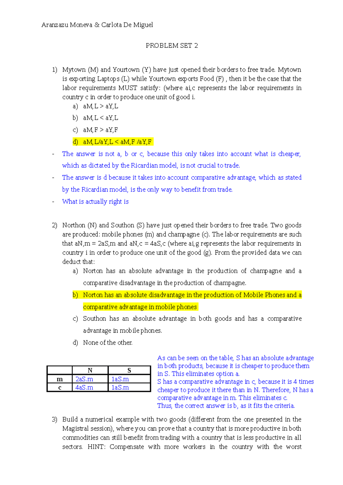 Problem SET 2 - Aranzazu Moneva & Carlota De Miguel PROBLEM SET 2 Mytown (M) and Yourtown (Y ...