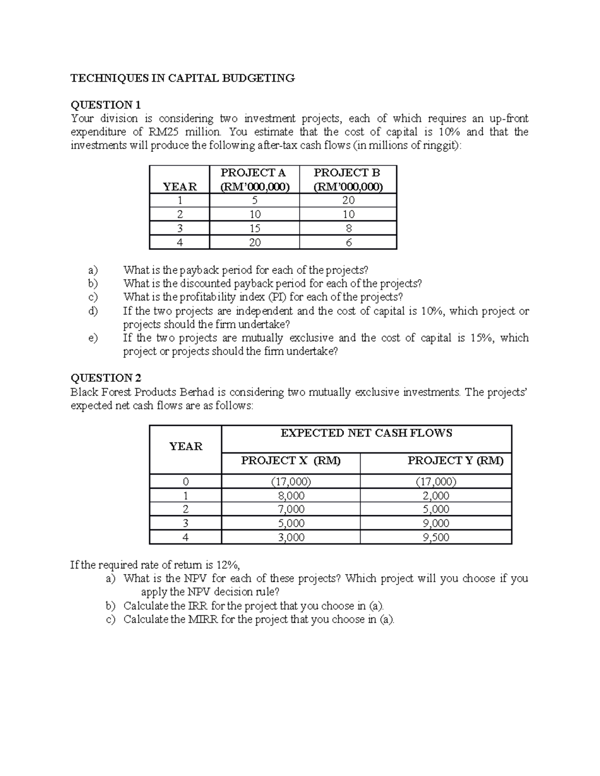 Techniques IN Capital Budgeting Exercises - TECHNIQUES IN CAPITAL ...