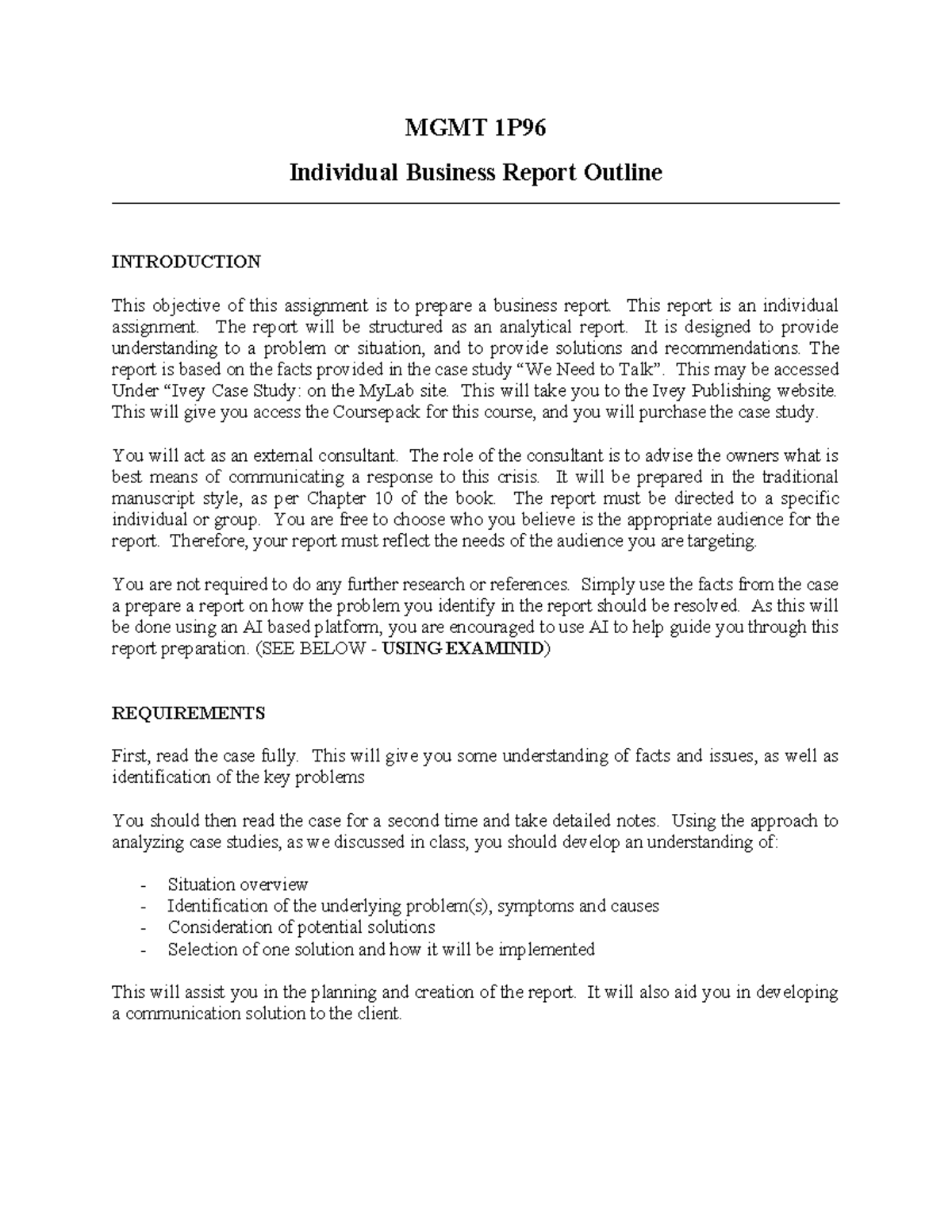 Individual Business Report Outline - MGMT 1P Individual Business Report ...