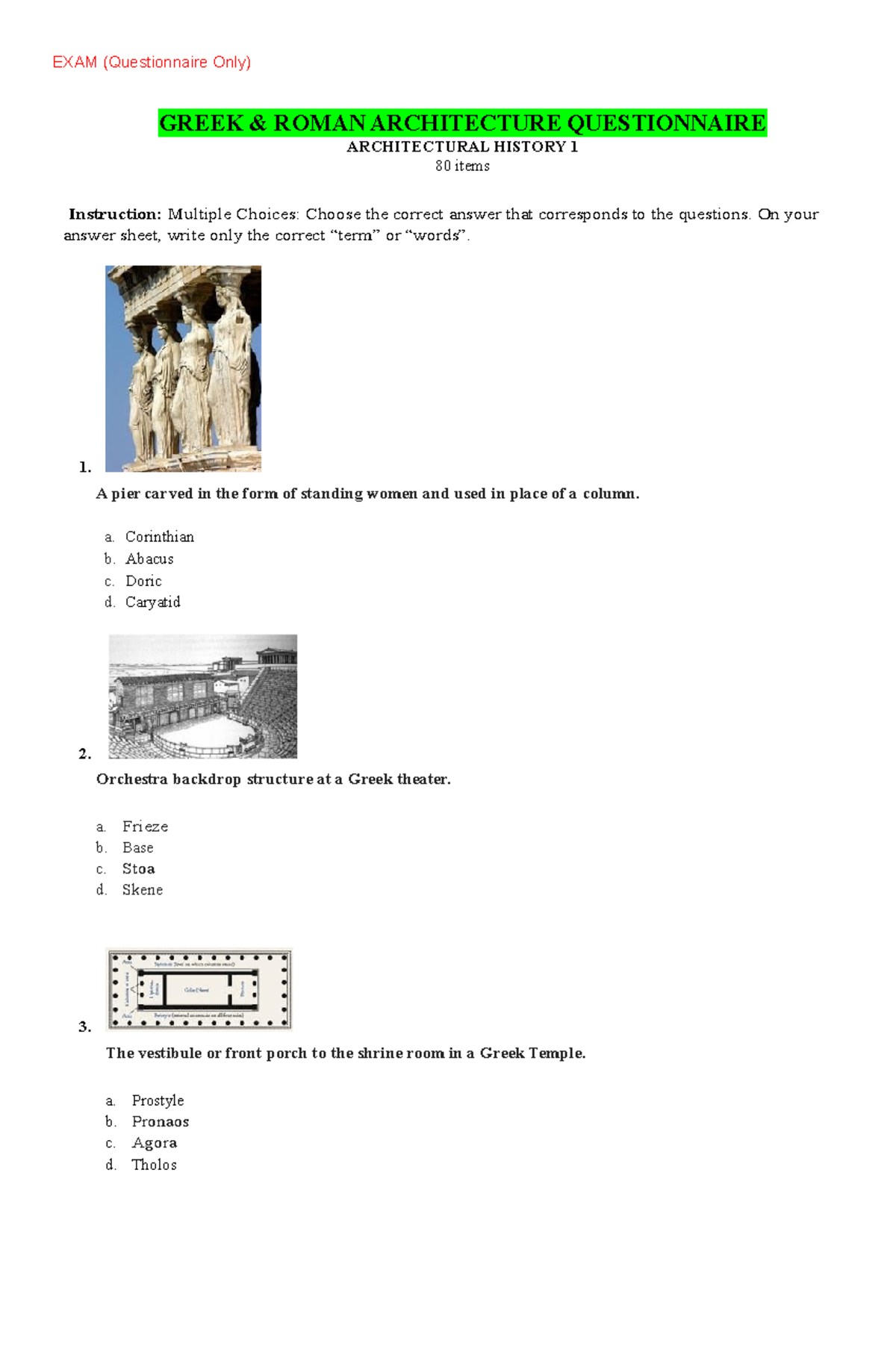 Greek & Roman Architecture Questionnaire only (History of Architecture ...
