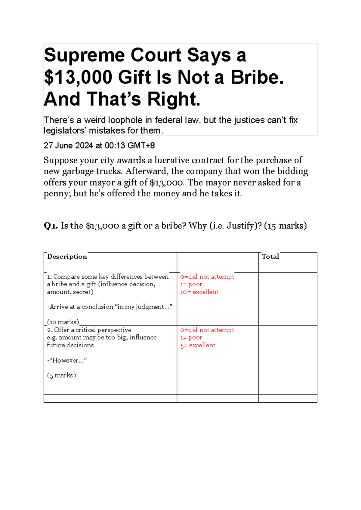 Bribery - MArking Rubrics - Supreme Court Says a $13,000 Gift Is Not a ...