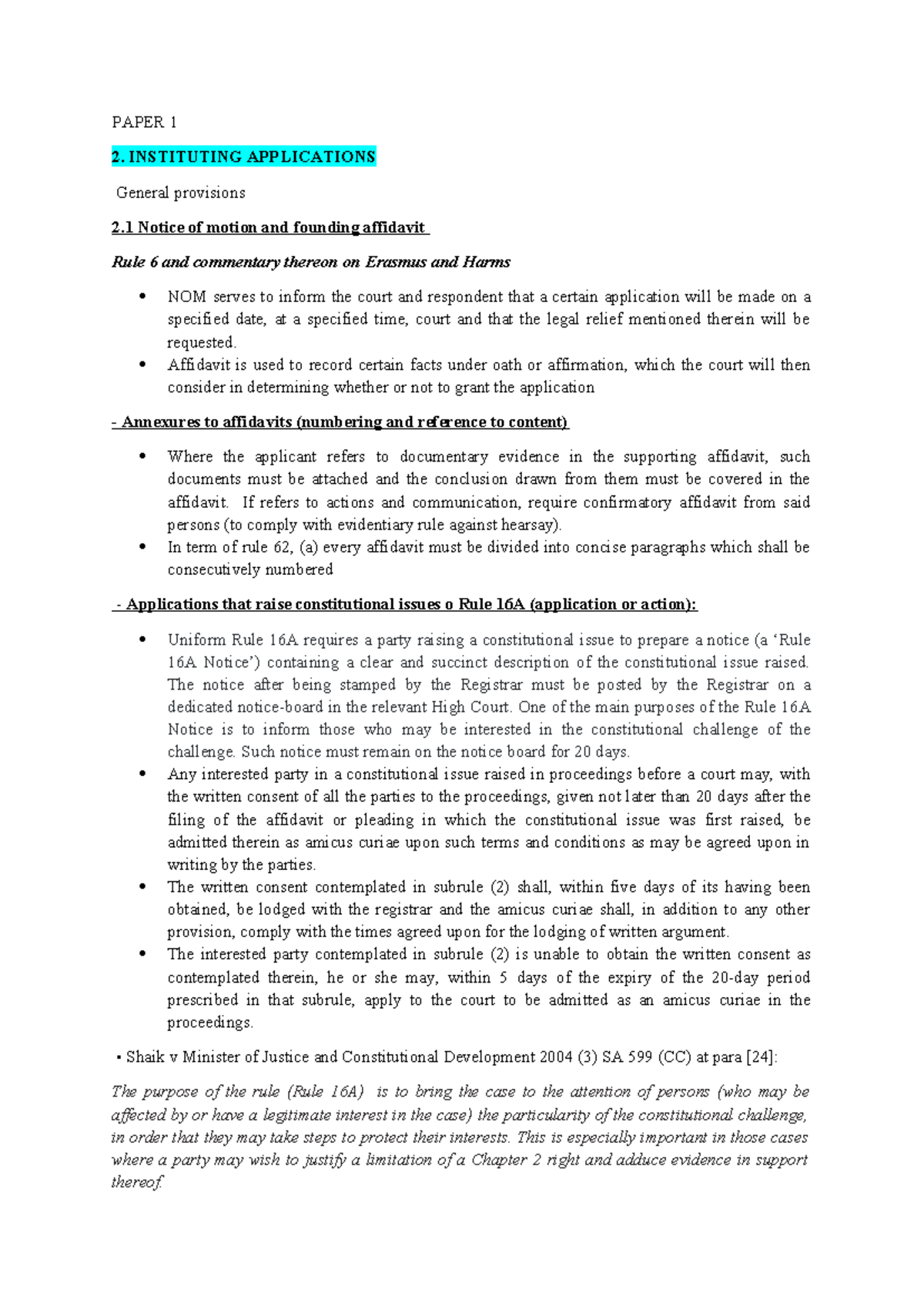 P1 Study notes - PAPER 1 2. INSTITUTING APPLICATIONS General provisions ...