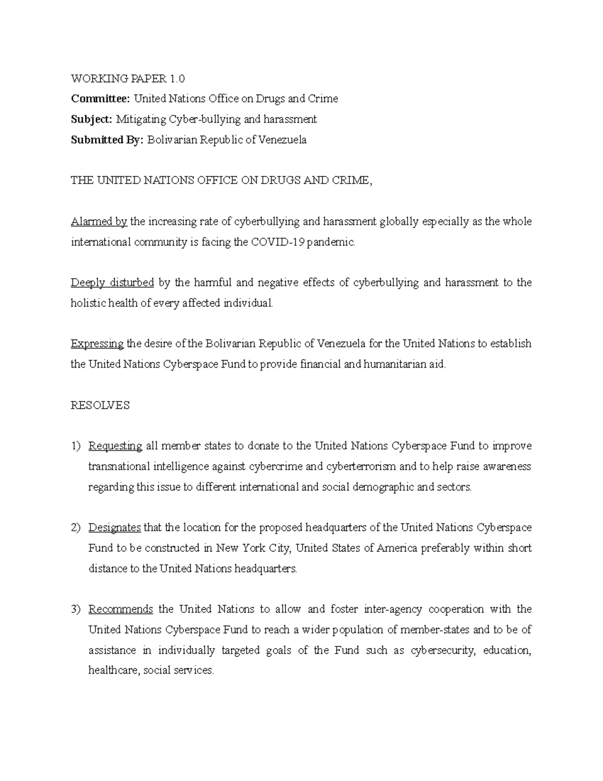 Working Paper of the Bolivarian Republic of Venezuela - WORKING PAPER 1 ...