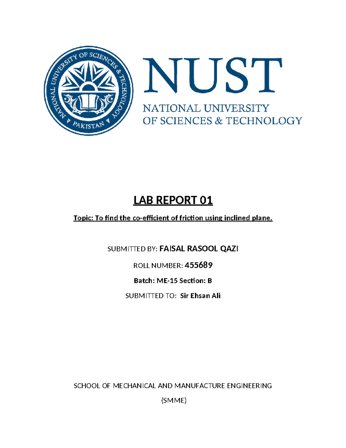 Mechanics LAB Report 01 - LAB REPORT 01 Topic: To find the co-efficient ...
