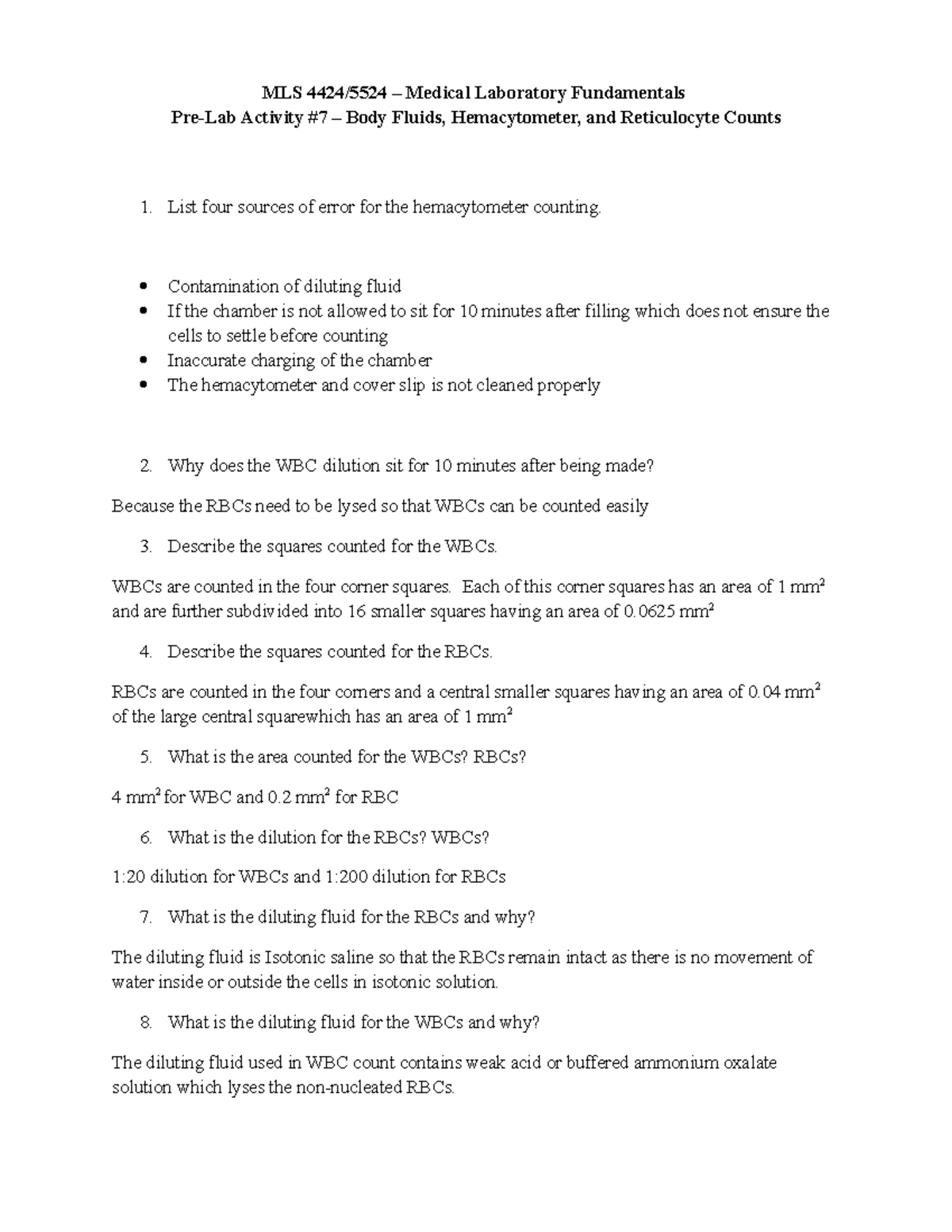 Pre Lab 7 - body fluids, hemacytometer and Retic count - MLS 4424/5524 ...