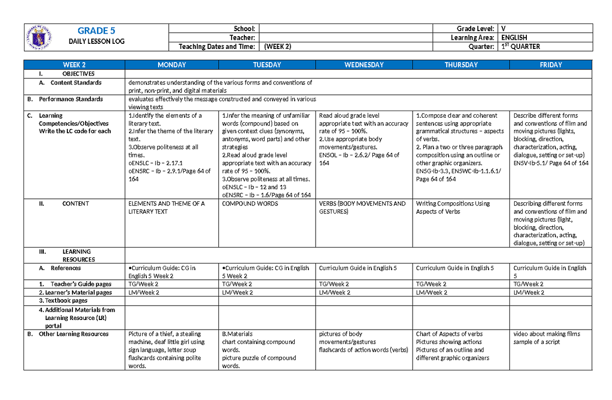 DLL G5 Q1 WEEK 2 ALL Subjects (Mam Inkay Peralta) - GRADE 5 DAILY ...