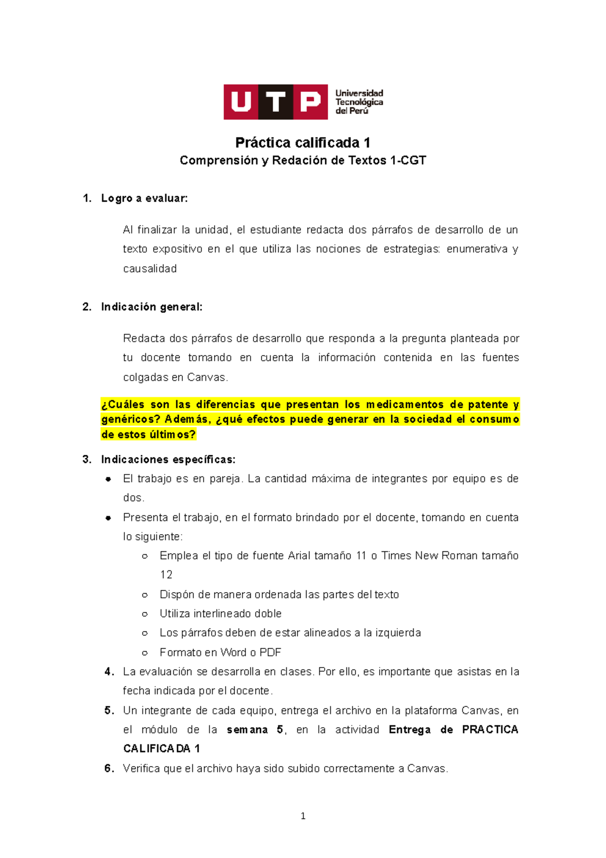 CGT CRT1 PC1Consigna 22M01010101 - Práctica calificada 1 Comprensión y Redación de Textos 1-CGT ...