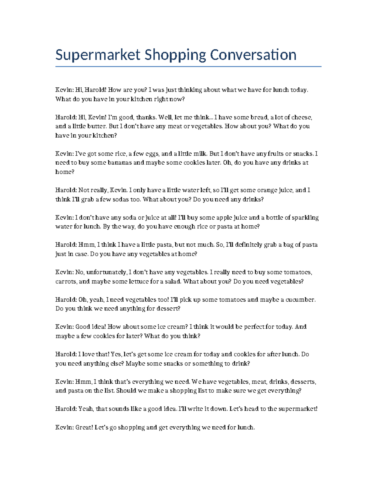 Supermarket Conversation - Supermarket Shopping Conversation Kevin: Hi ...