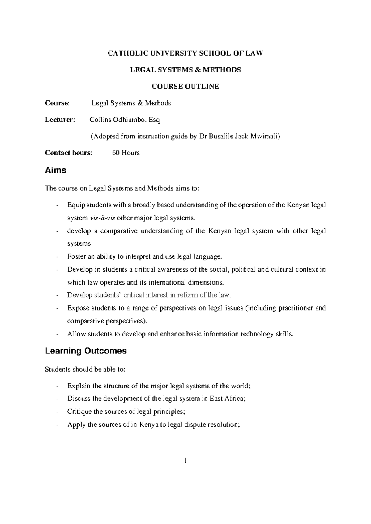 Legal Systems Course Outline - CATHOLIC UNIVERSITY SCHOOL OF LAW LEGAL ...