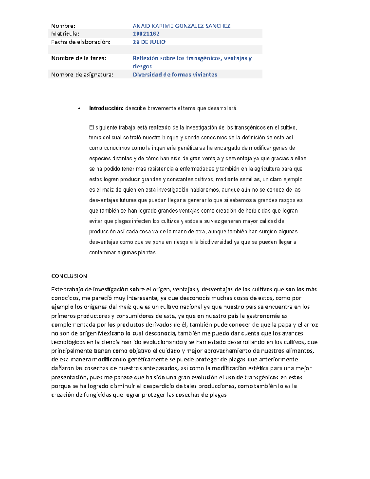 Anaid Sanchez­ Transgénicos - Introducción: describe brevemente el tema ...