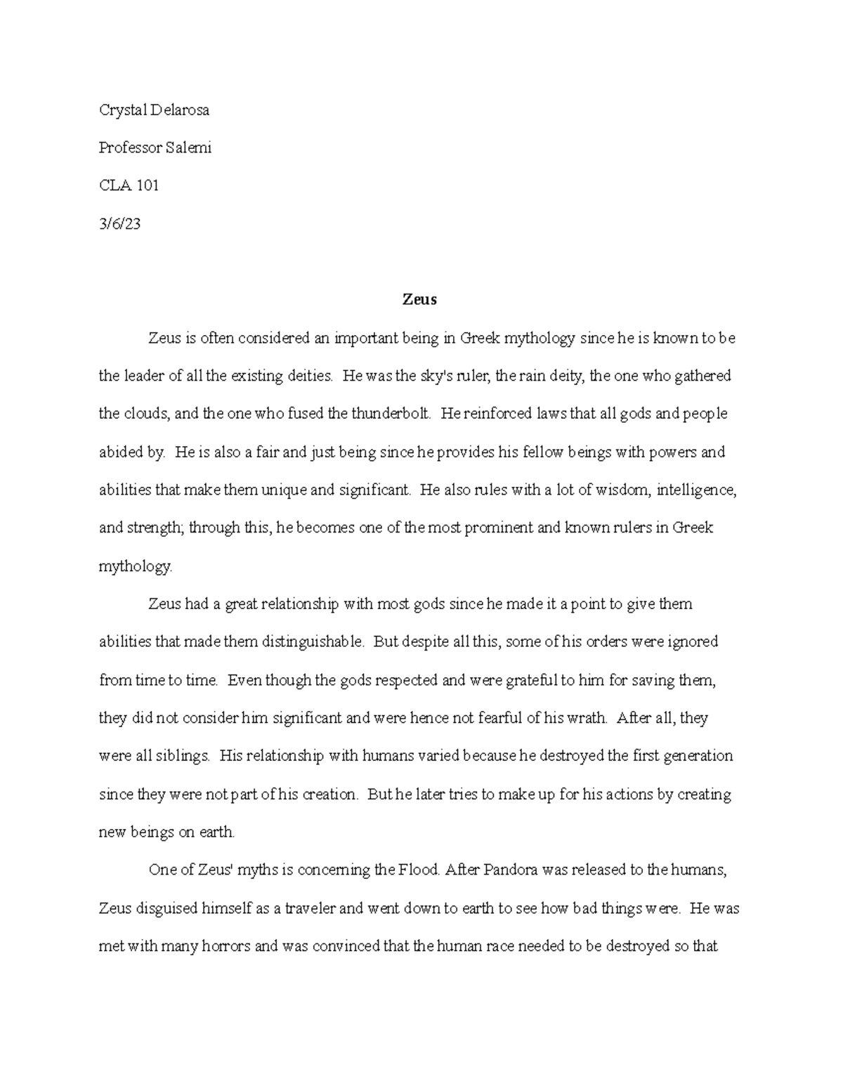 Delarosa Zeus Mount Olympus - Crystal Delarosa Professor Salemi CLA 101 ...