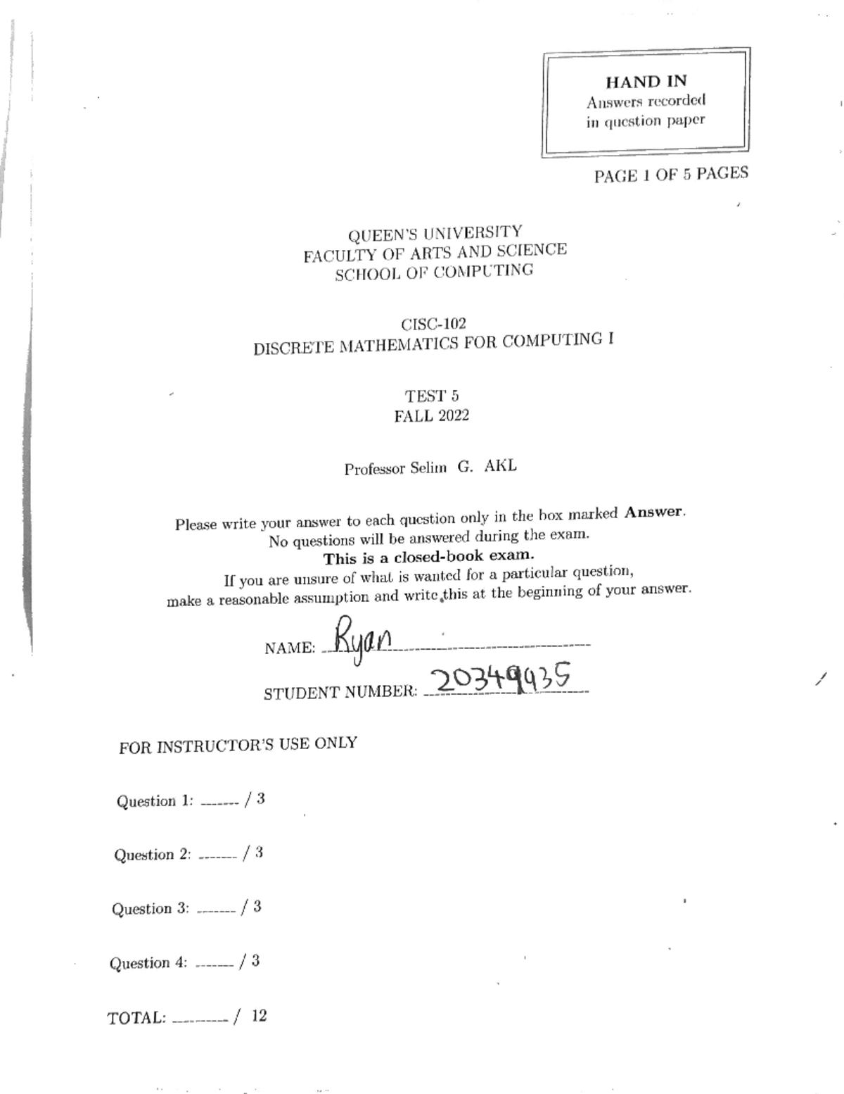Test 5 (19) - N/A - HAND IN Answers recorded in question paper PAGE 1 ...