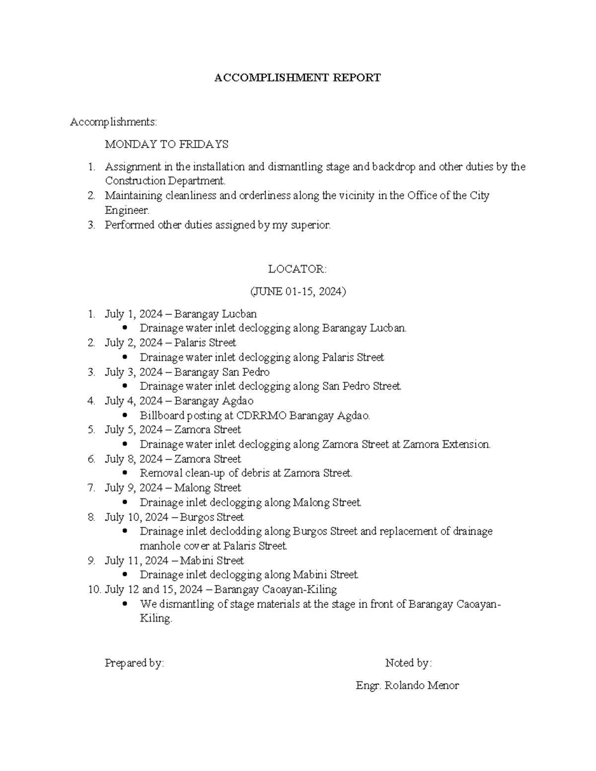 Accomplisment Report COE - ACCOMPLISHMENT REPORT Accomplishments ...